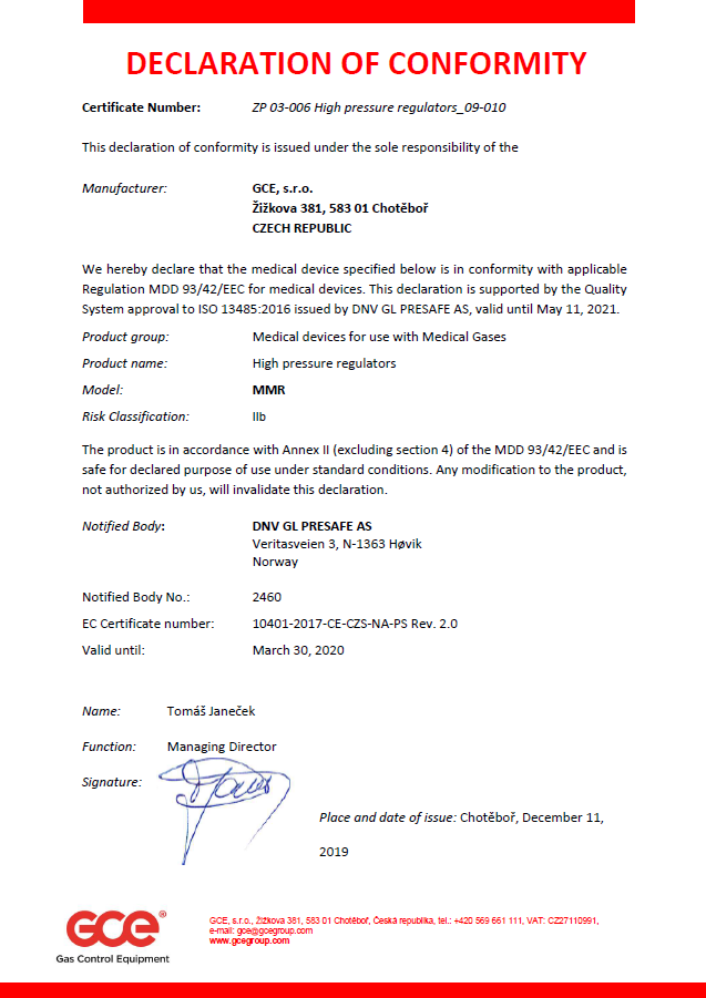 DoC - High pressure regulator - GCE Group